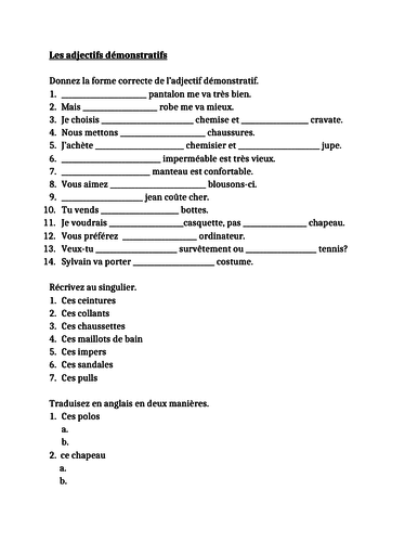 Adjectifs démonstratifs (Demonstrative Adjectives in French) Worksheet ...