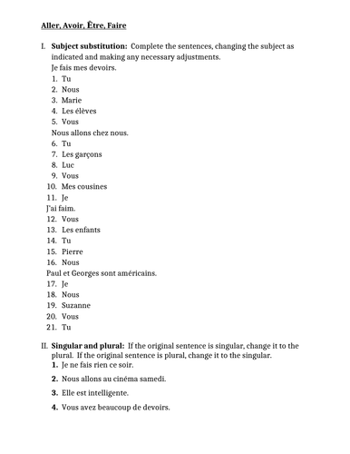 Aller Avoir Être Faire French Verbs Worksheet 2 | Teaching Resources