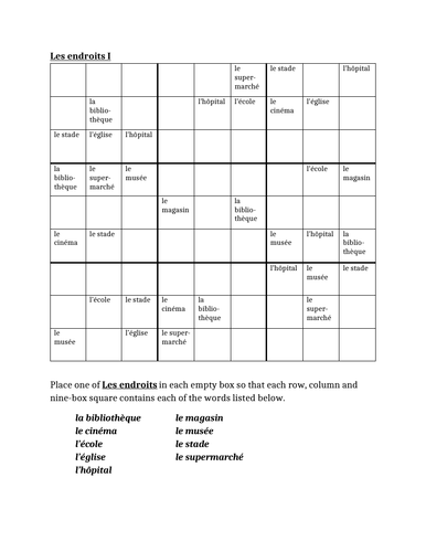 Endroits (Places in French) Sudoku | Teaching Resources