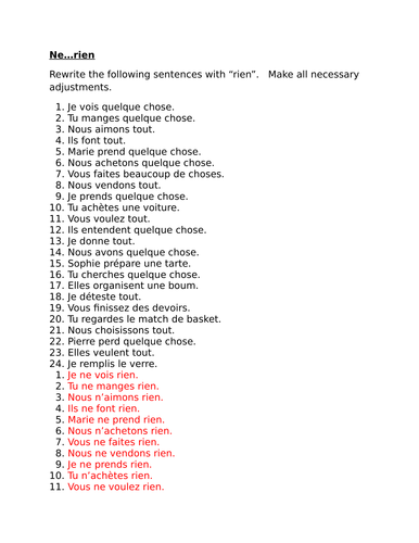 Négation in French with Rien worksheet | Teaching Resources