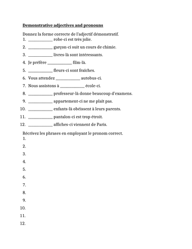 Adjectifs et pronoms démonstratifs (Demonstratives in French) Worksheet ...