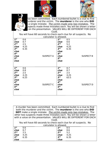 Fractions to decimals - Murder mystery. | Teaching Resources