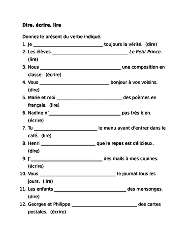 Dire, Écrire, Lire French verbs worksheet 2 | Teaching Resources