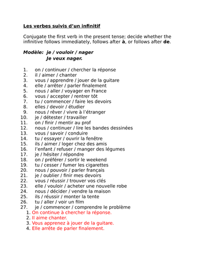 Verb + infinitive in French worksheet 1 | Teaching Resources