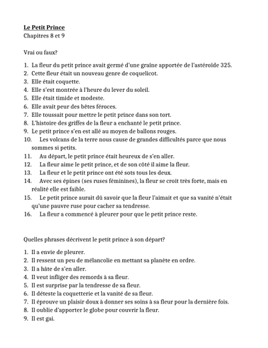 Le Petit Prince Chapters 8-9 Worksheet | Teaching Resources