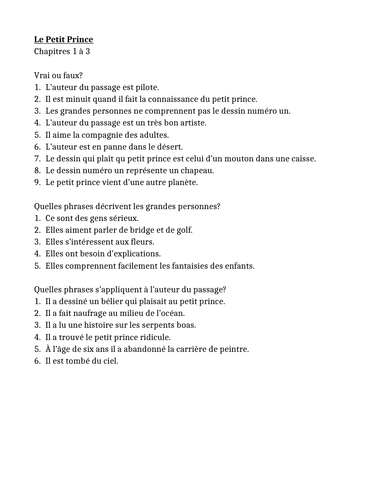 Le Petit Prince Chapters 1-3 Worksheet | Teaching Resources