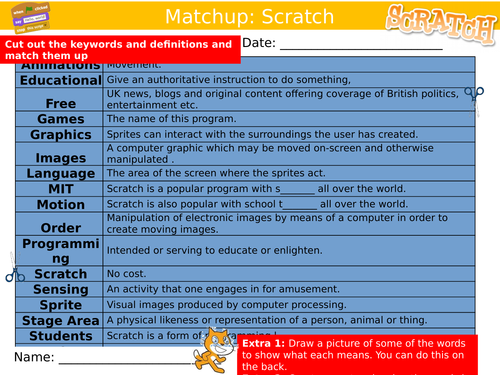 Scratch Programming Cut And Matchup Sheet Ict Computing Starter Activity Keywords Ks3 Gcse Cover