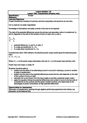 GCSE Science / Physics / (AQA P7) Transformers (Lesson plan ...