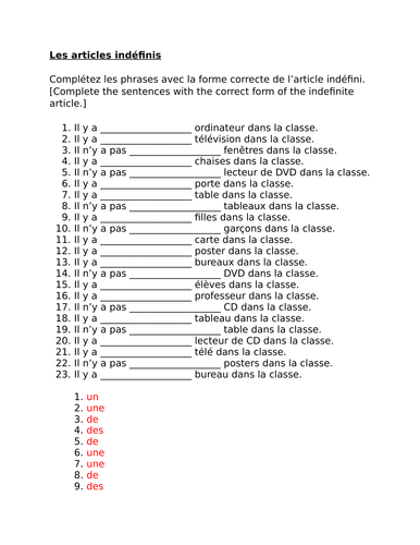 Articles indéfinis (French Indefinite Articles) Worksheet 2 | Teaching ...