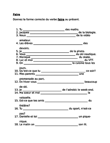 Faire French Verb Worksheet 4 | Teaching Resources