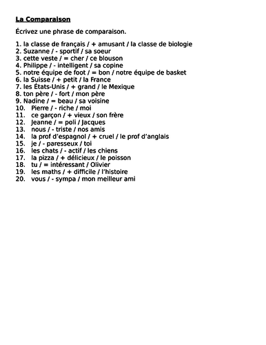 Comparatif (Comparison in French) worksheet 1 | Teaching Resources