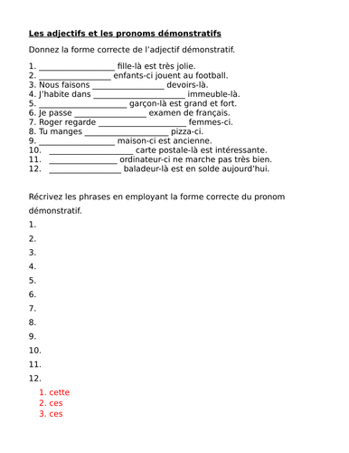 Adjectifs et pronoms démonstratifs (Demonstratives in French) worksheet ...