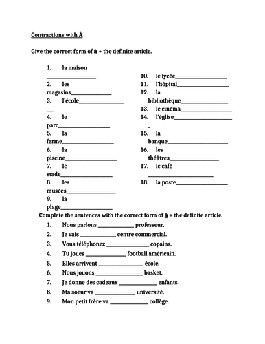 Contractions with À + Definite Article in French Worksheet 3 | Teaching ...