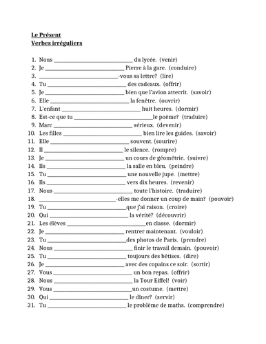 Verbes irréguliers au présent (Irregular French Verbs) Test | Teaching ...