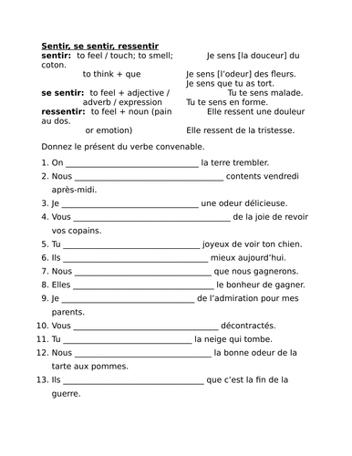 Sentir, Se sentir, Ressentir French Verbs Worksheet | Teaching Resources
