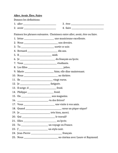 Aller Avoir Être Faire French Verbs Worksheet 4 | Teaching Resources