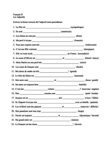Adjectifs (French Adjectives) Worksheet 1 | Teaching Resources
