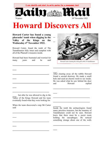Howard Carter Quotes in a Newspaper Lesson | Teaching Resources