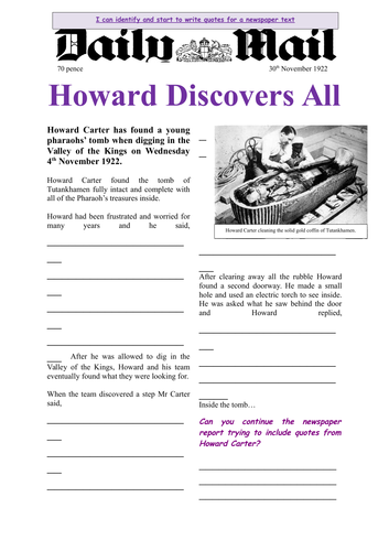 Howard Carter Quotes in a Newspaper Lesson | Teaching Resources