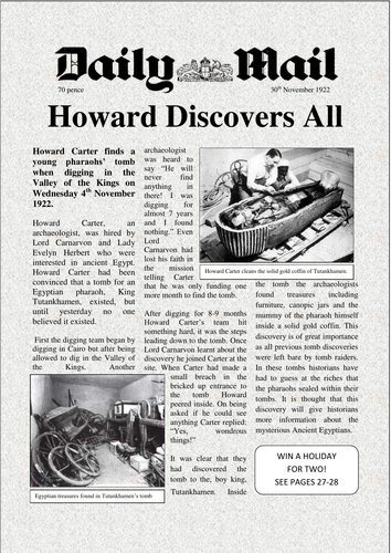Howard Carter Newspaper Comprehension | Teaching Resources