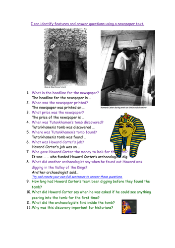 Howard Carter Newspaper Comprehension | Teaching Resources