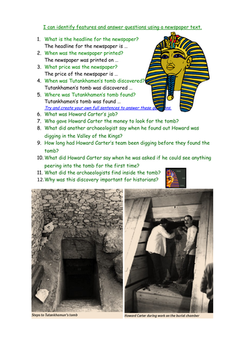 Howard Carter Newspaper Comprehension | Teaching Resources