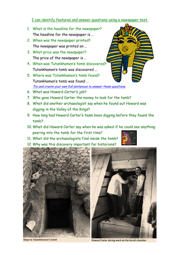 Howard Carter Newspaper Comprehension | Teaching Resources