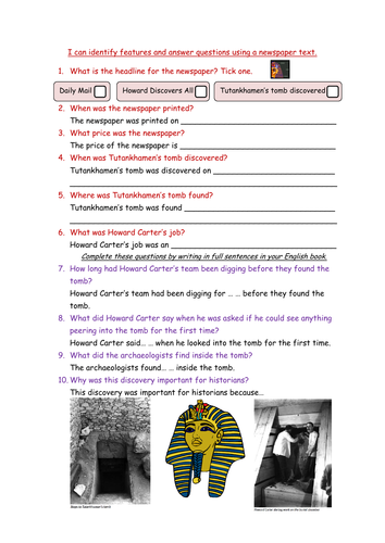 Howard Carter Newspaper Comprehension | Teaching Resources
