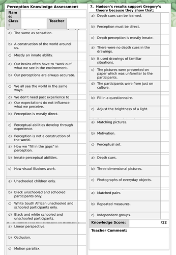 AQA Psychology Perception Knowledge Assessment 2 and Green it follow up ...