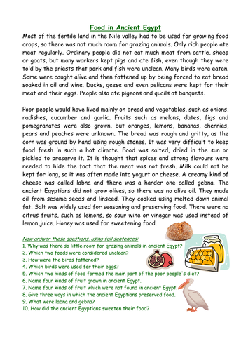 Food in Ancient Egypt Comprehension | Teaching Resources