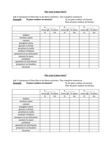 Che cosa ti piace fare Italian Worksheet | Teaching Resources