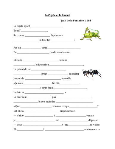 La Cigale et la fourmi fable by Jean de la Fontaine Cloze Listening ...