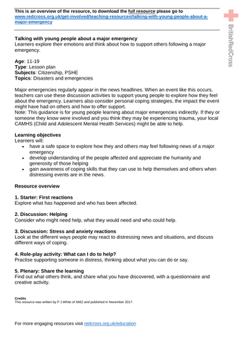Talking with young people about a major emergency | Teaching Resources