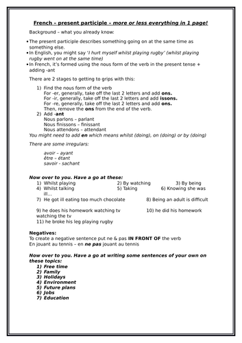 French - present participle in 1 page | Teaching Resources