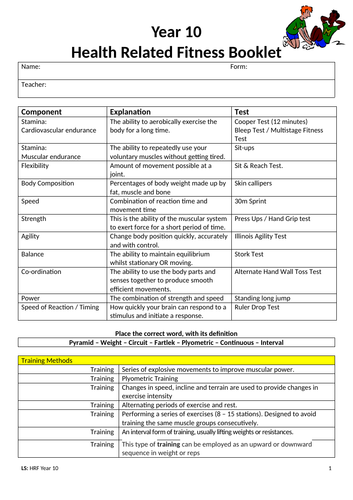 Health Related Fitness Booklet & Cards: Year 10 | Teaching Resources