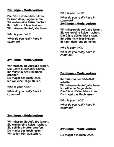 Modalverben (German Modal verbs) Zwillinge Twins Speaking activity ...