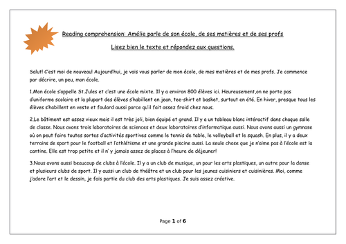 La vie scolaire- 2 texts (reading comprehension) that focus on ...