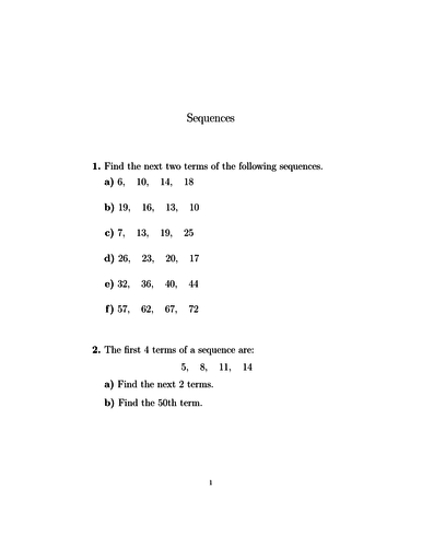 Sequences-nth term of a sequence worksheet (with solutions) | Teaching ...