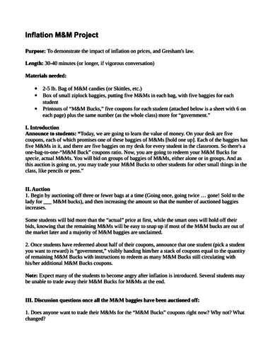 M&M Inflation Game Demonstration (Economics) | Teaching Resources