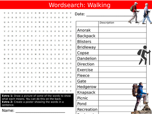 Walking Hiking Wordsearch PE Sports Physcial Education Starter Keywords ...