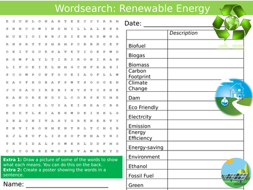 Renewable Energy Wordsearch Green Science Starter Keywords Activity KS3 ...