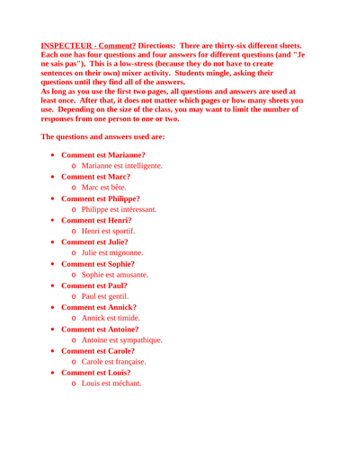 Adjectifs (French Adjectives) Comment Inspecteur Speaking Activity ...