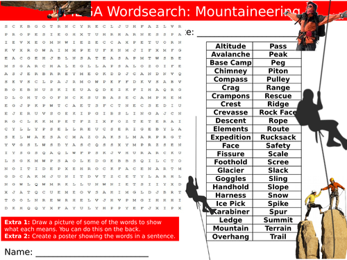 3 x Mountaineering Wordsearches PE Sports Starter Keywords Activity KS3 ...
