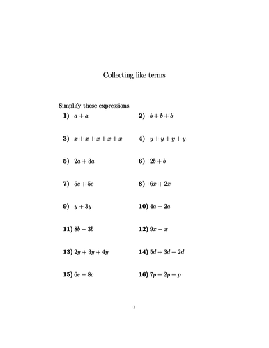 Collecting like terms worksheet (with solutions) | Teaching Resources