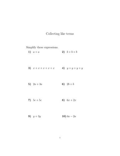 Collecting like terms worksheet (with solutions) | Teaching Resources
