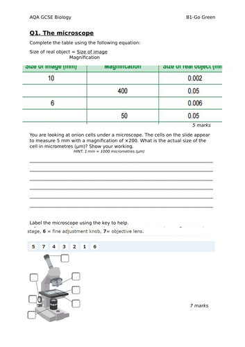 AQA GCSE BIOLOGY B1 REVISION RESOURCE | Teaching Resources