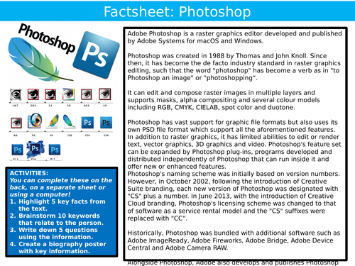 Adobe Photoshop Factsheet Worksheet Ict Computing Starter Keywords Activity Keywords Ks3 Gcse