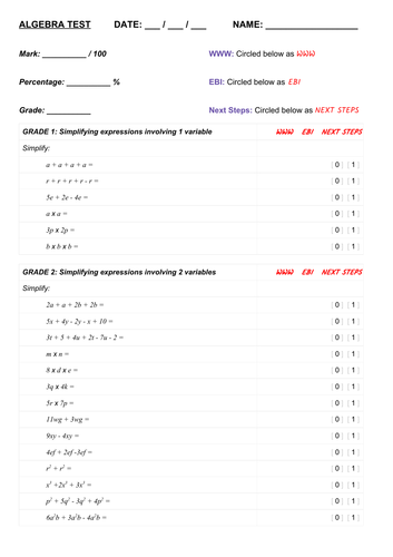 Algebra skills revision / test - Simplifying, expanding, factorising ...
