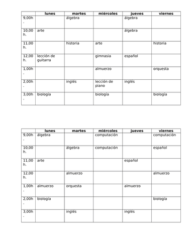 Class schedule in Spanish Info gap | Teaching Resources