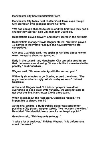 Football match report with differentiated reading activity - speech ...